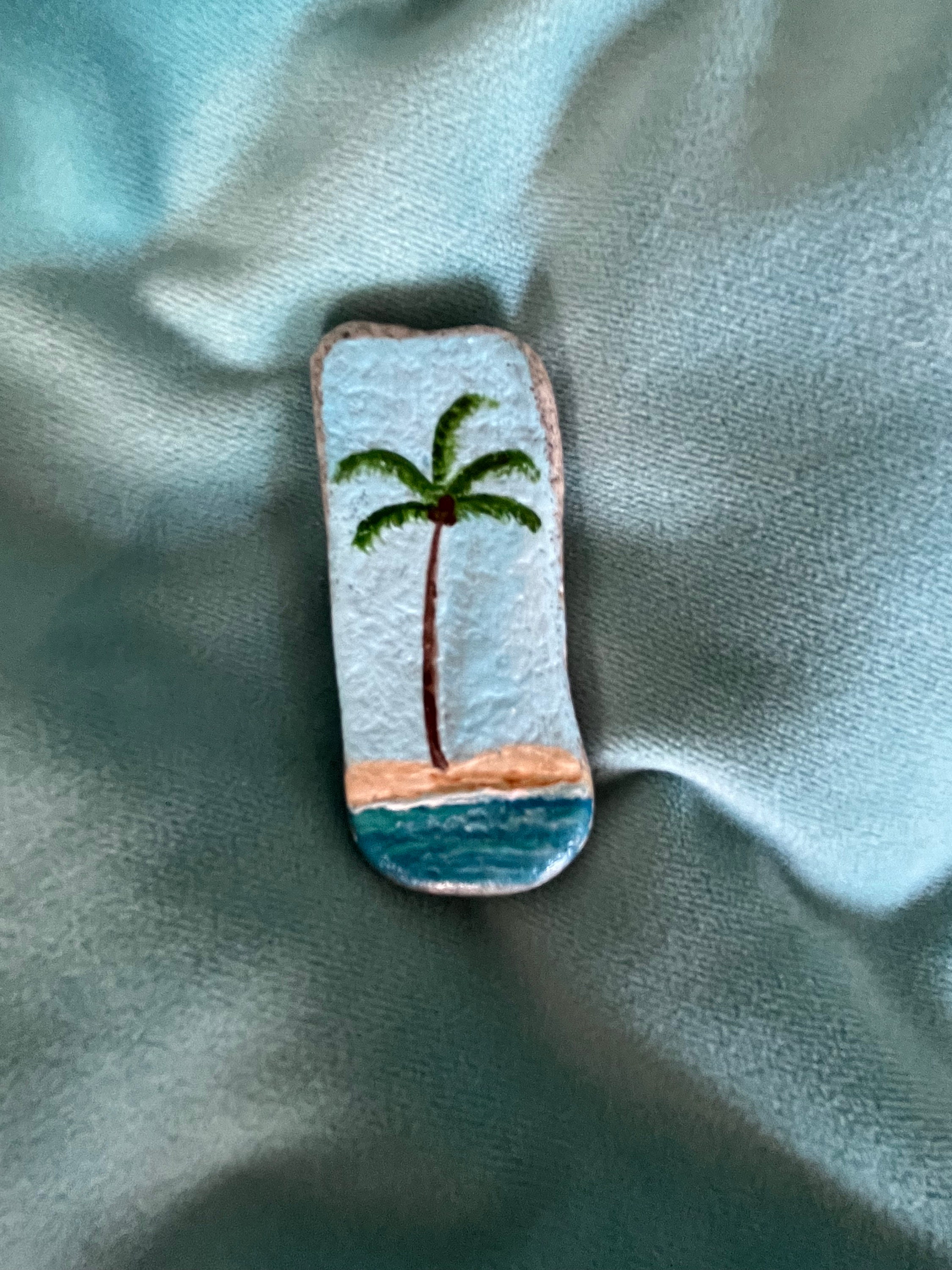 Hand Painted Rock Art Palm Tree Island Beach Ocean Nautical House Decor ...