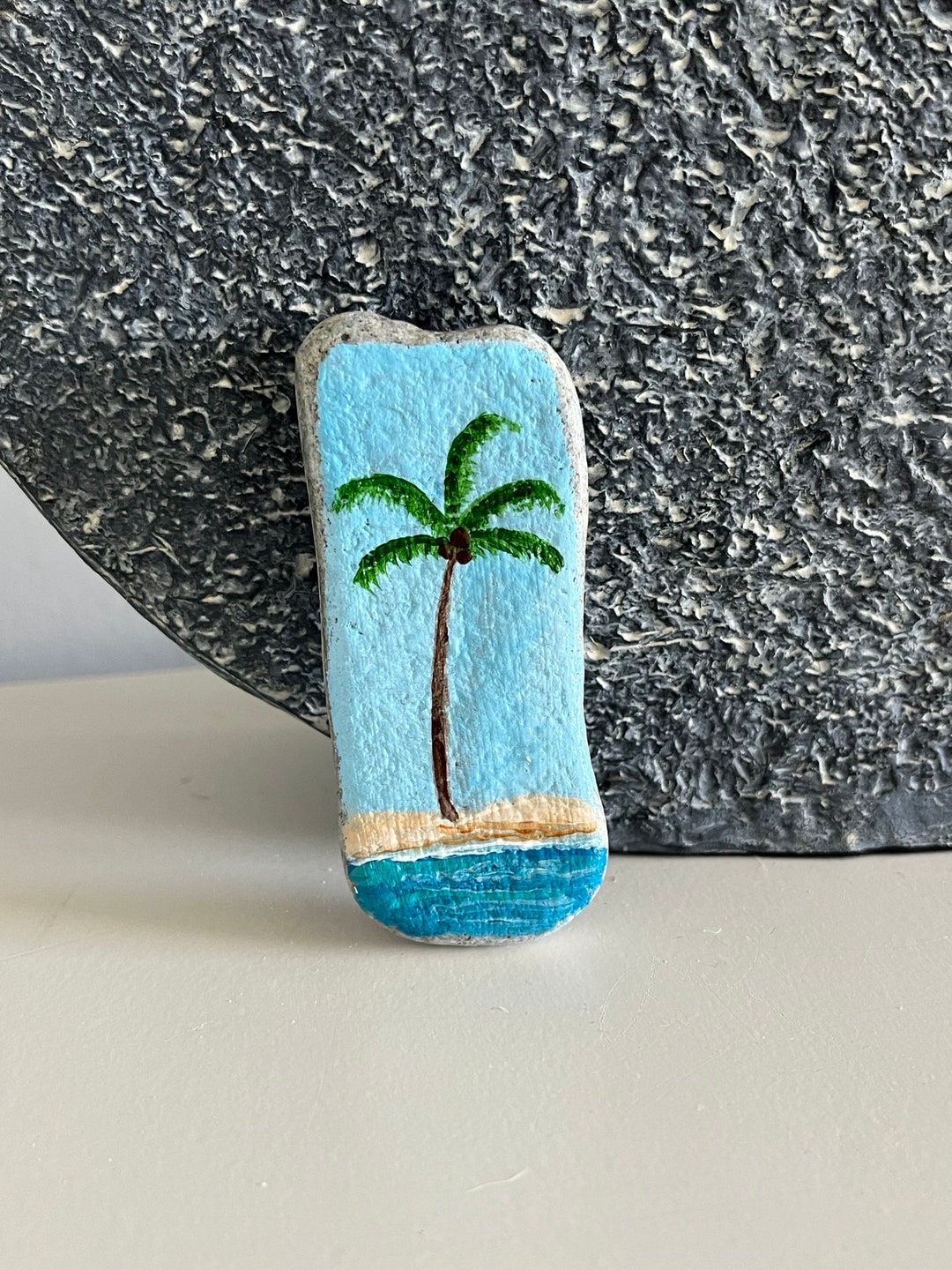 Hand Painted Rock Art Palm Tree Island Beach Ocean Nautical House Decor ...