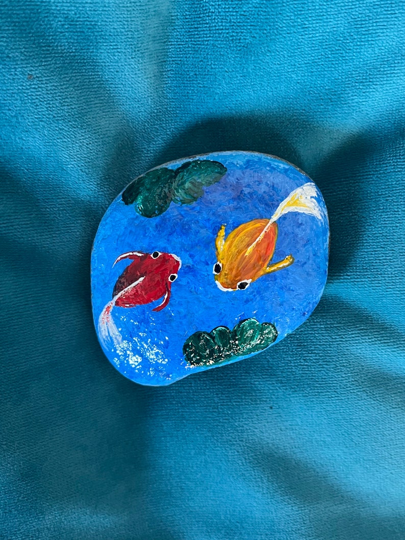 Hand Painted Rock Art Fish Pond Koi Coastal Decor Goldfish Stone Rock ...