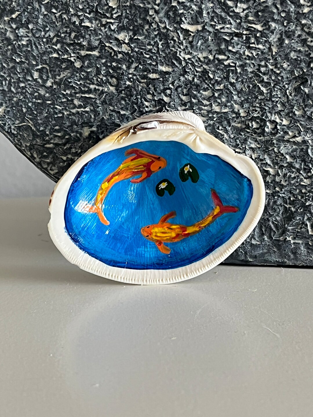 Hand Painted Clam Shell Jewelry Dish Koi Fish Goldfish Pond Lily Pad ...