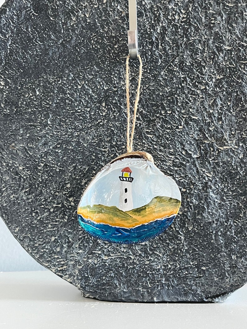 Hand Painted Clam Shell Ornament Lighthouse Seascape Gift Coastal Beach ...