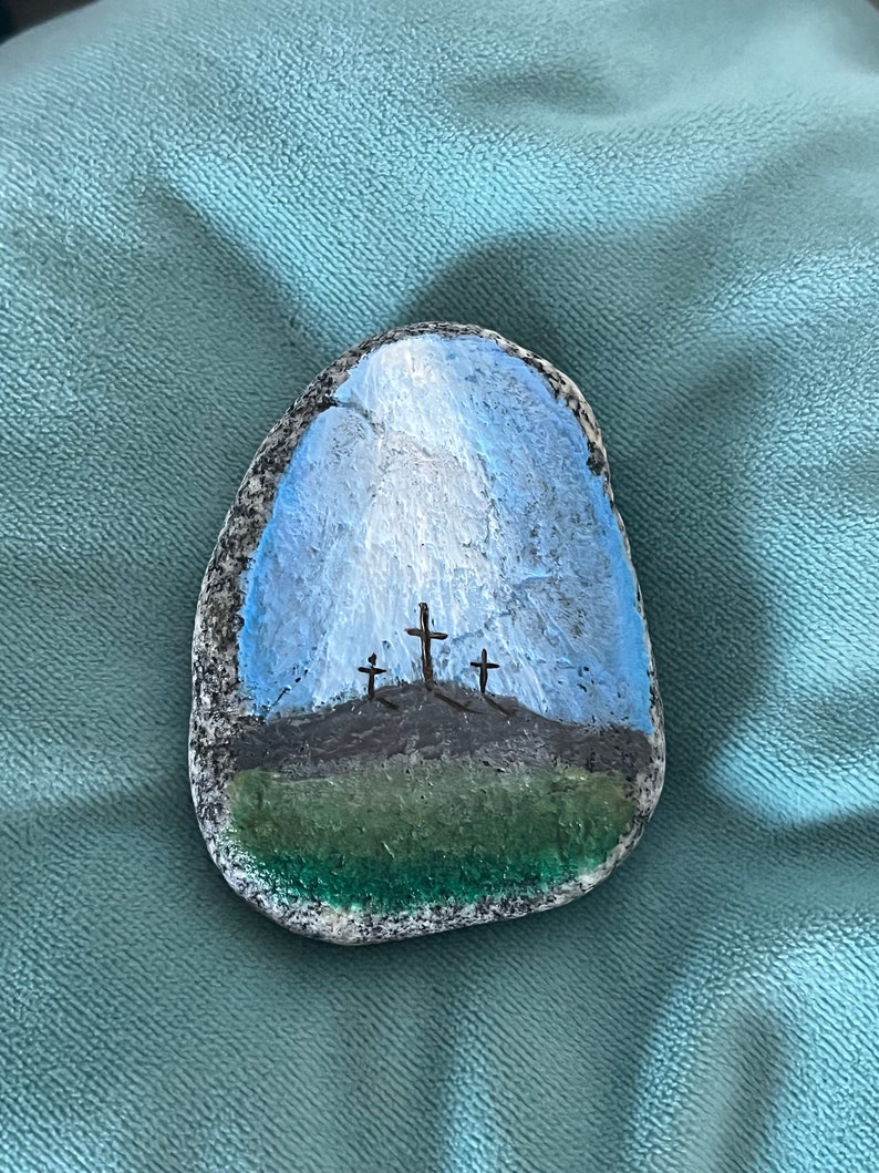 Hand Painted Rock Art Cross JESUS Garden Deco Landscape Decor Stone Art ...