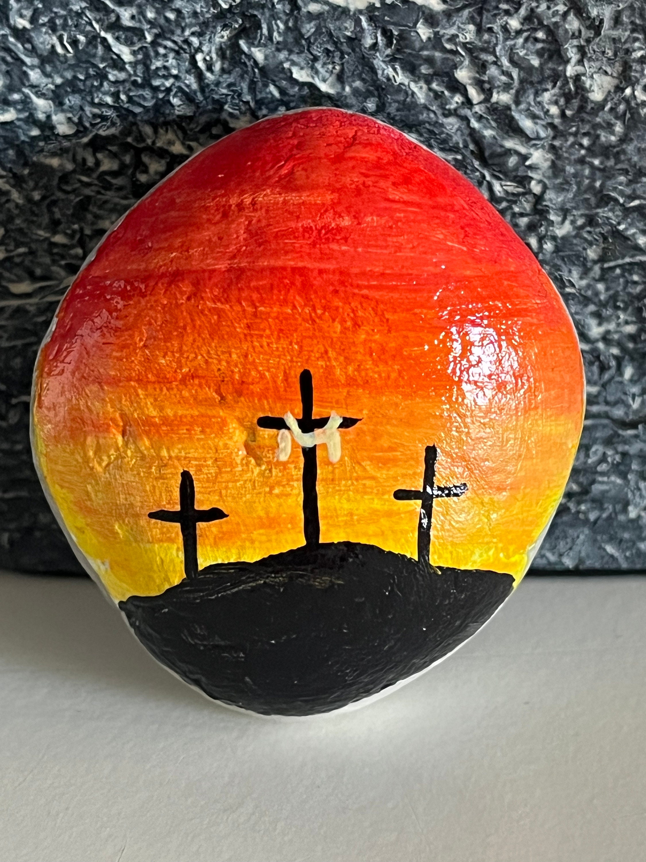 Hand Painted Rock Art Cross JESUS Garden Deco Landscape Decor Stone Art ...