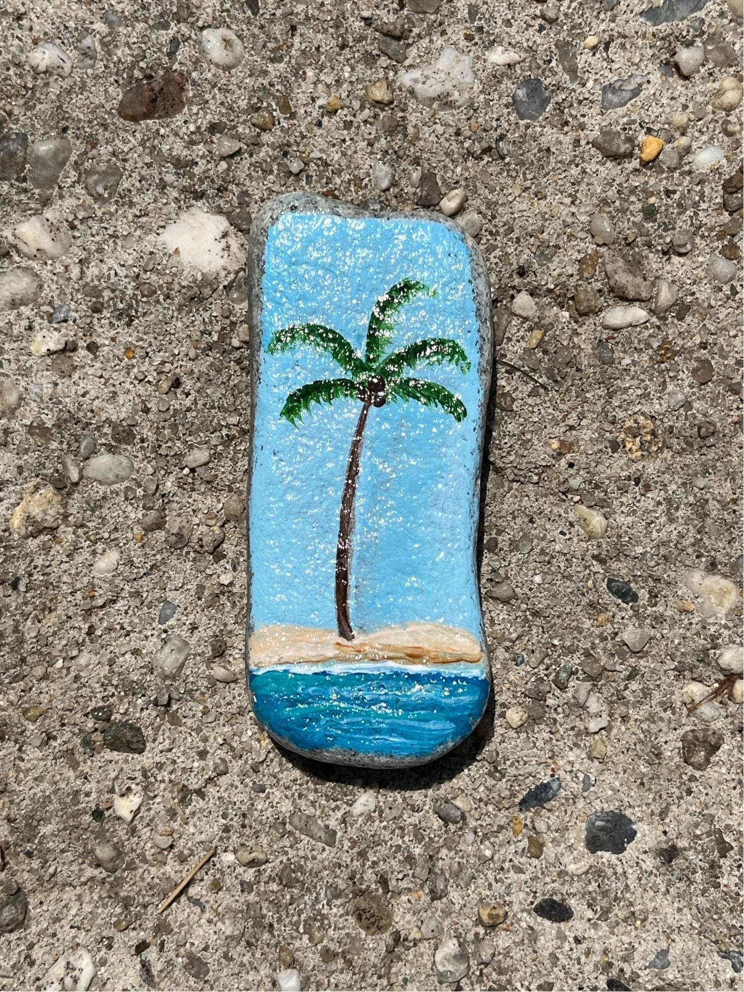 Hand Painted Rock Art Palm Tree Island Beach Ocean Nautical House Decor ...