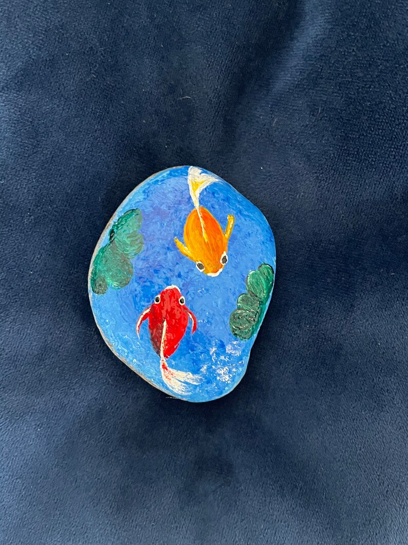 Hand Painted Rock Art Fish Pond Koi Coastal Decor Goldfish Stone Rock ...