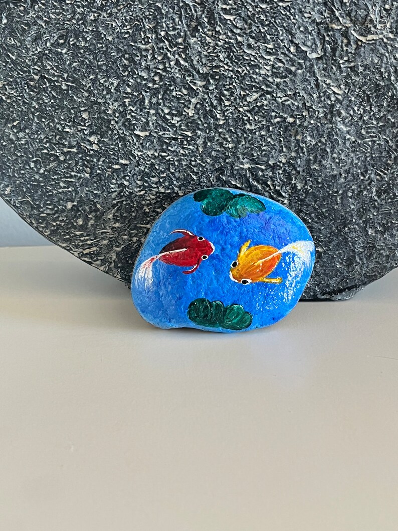 Hand Painted Rock Art Fish Pond Koi Coastal Decor Goldfish Stone Rock ...