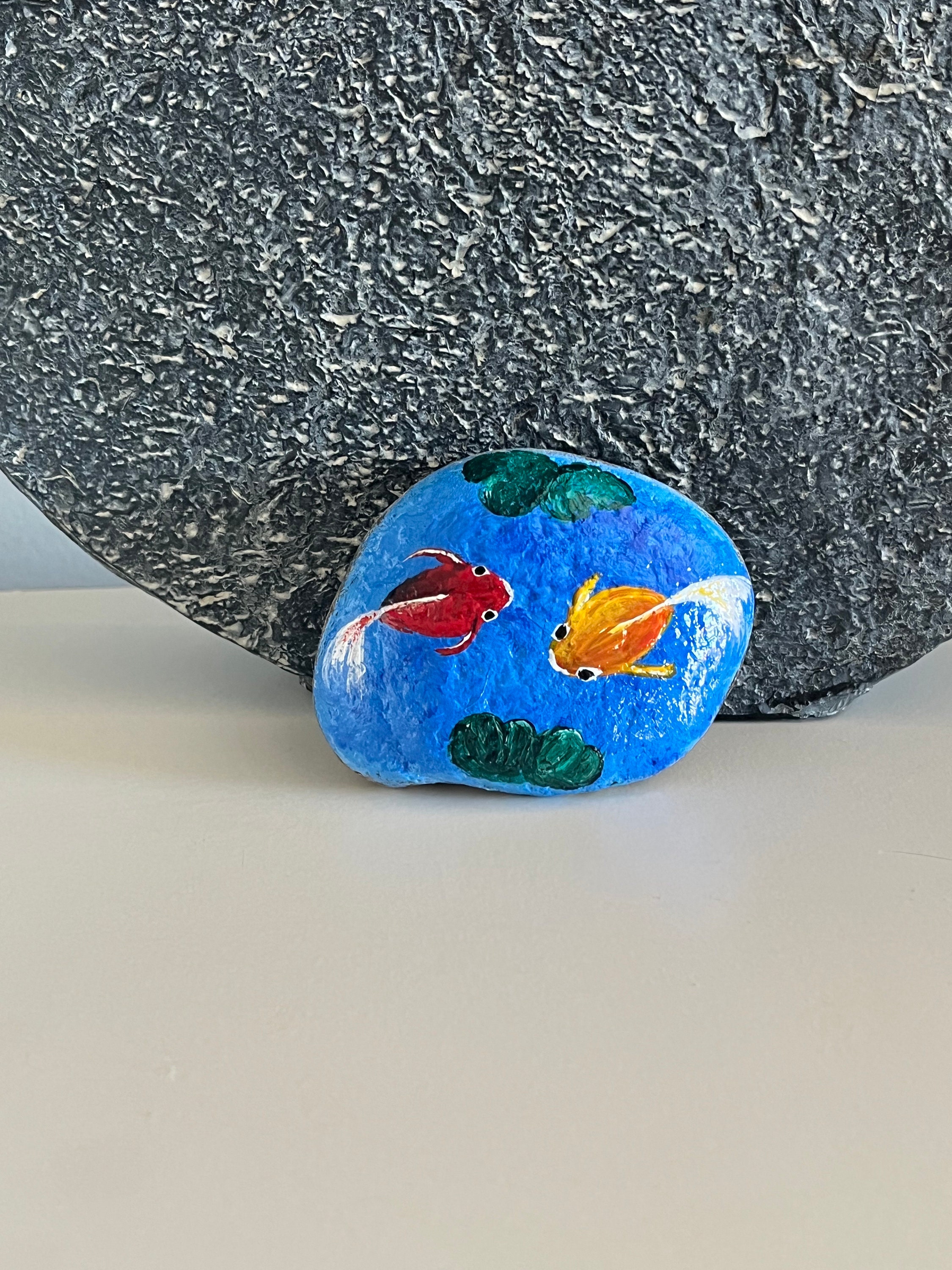 Hand Painted Rock Art Fish Pond Koi Coastal Decor Goldfish Stone Rock ...
