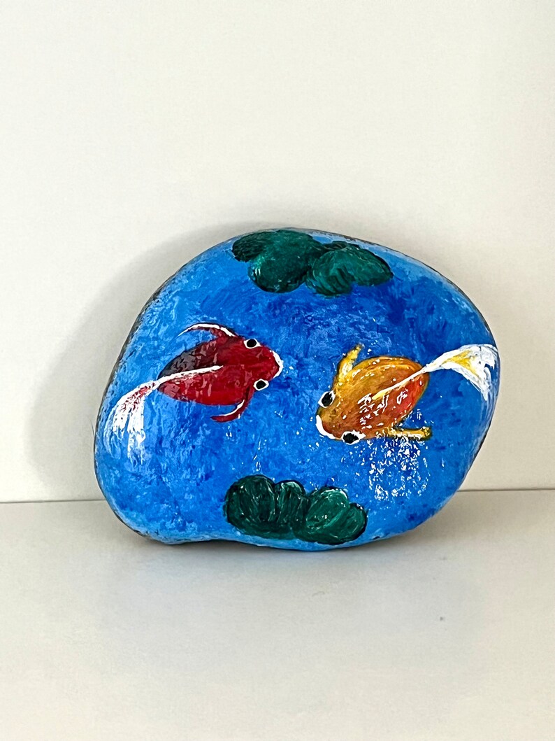 Hand Painted Rock Art Fish Pond Koi Coastal Decor Goldfish Stone Rock ...