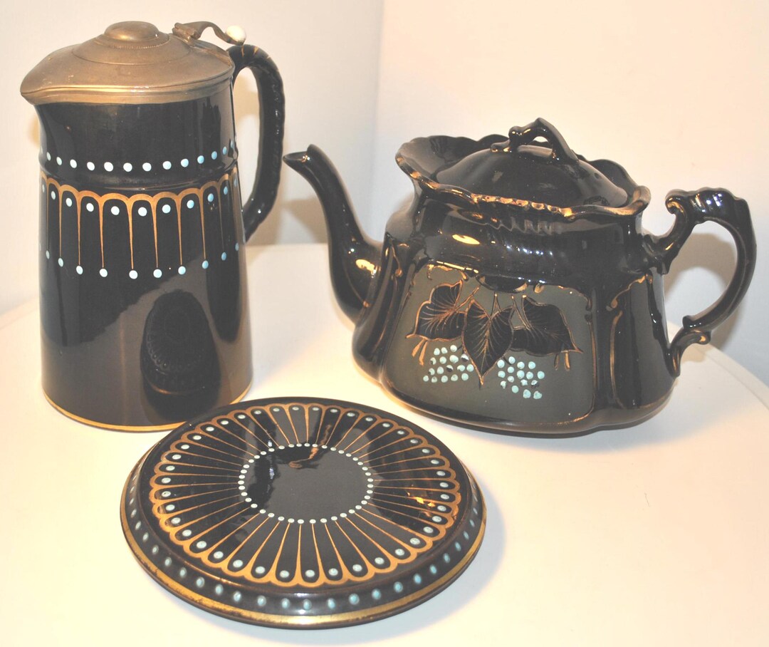 Antique- Victorian Black Lustre Teapot Set- Floral Hand-painted ...