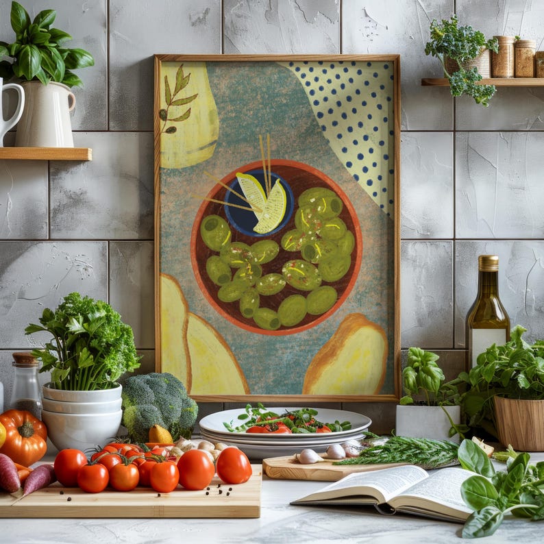Green Olives Giclée Art Print, Vintage Kitchen Decor, Mediterranean ...