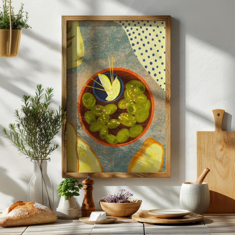 Green Olives Giclée Art Print, Vintage Kitchen Decor, Mediterranean ...