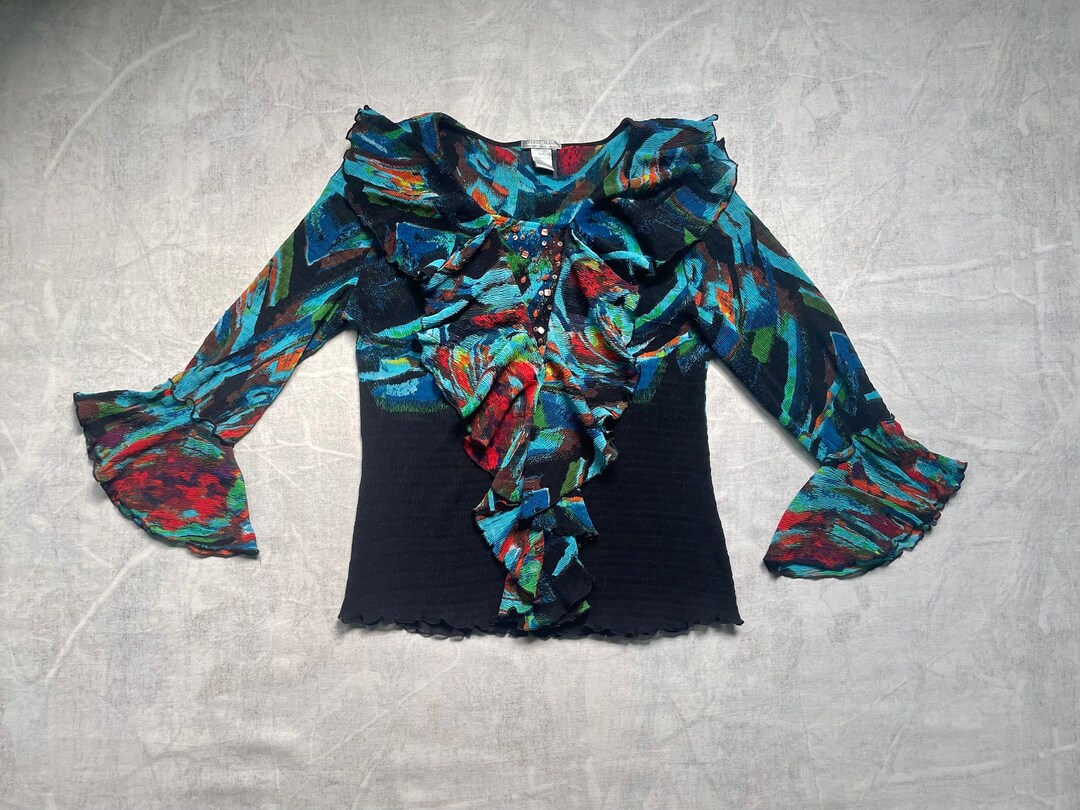 Y2K Artsy Bell Sleeve Crinkle Texture Top / 00s Colorful Abstract Art ...