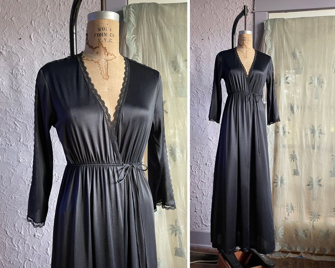 Long Black Nylon Robe With Lace Trim / Vintage Dressing Gown / 80s Long ...