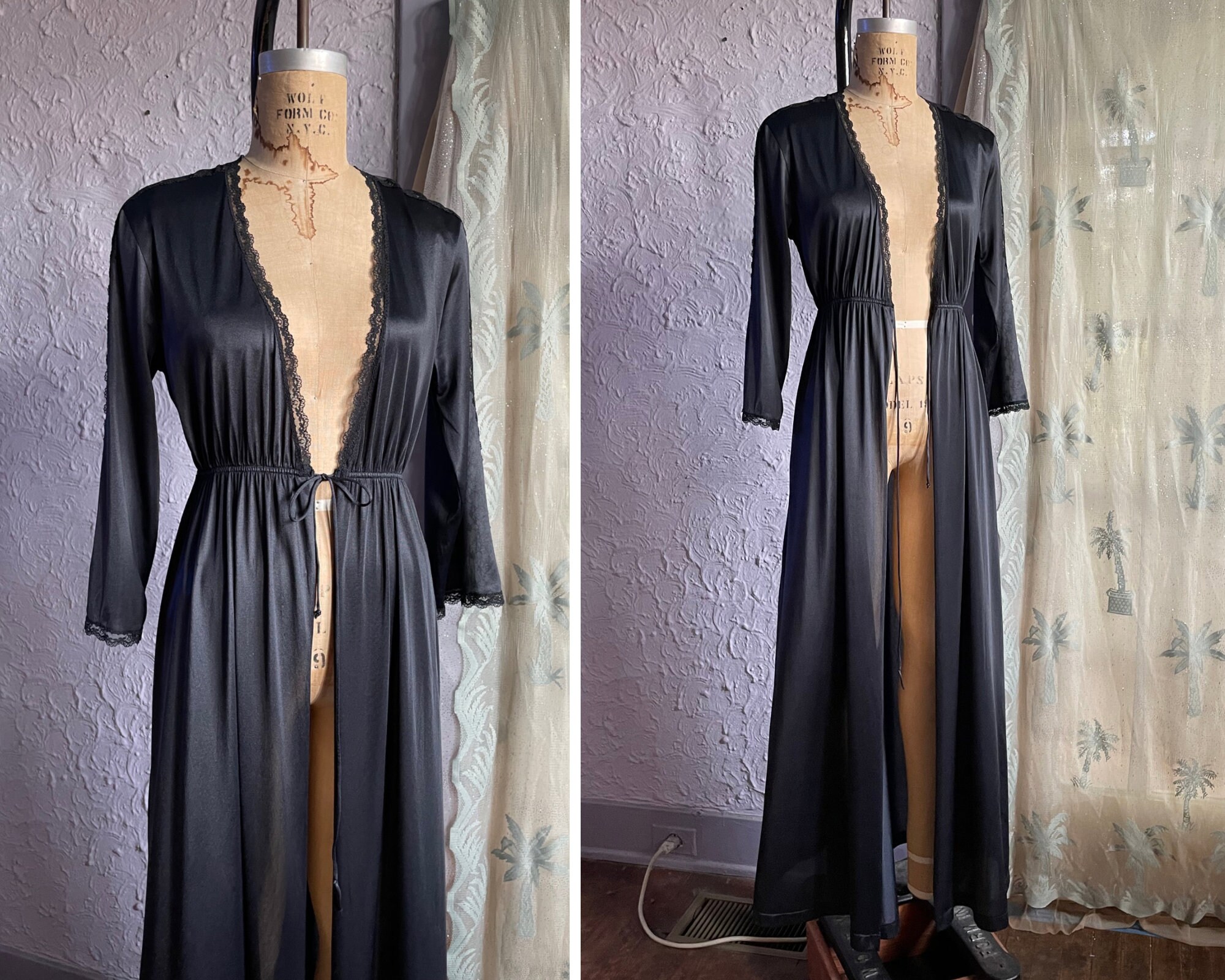 Long Black Nylon Robe With Lace Trim / Vintage Dressing Gown / 80s Long ...