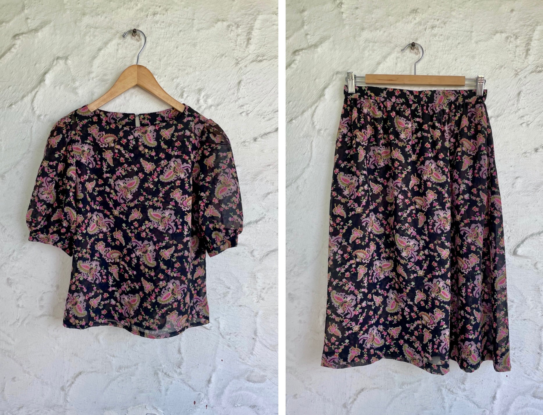70s Sheer Floral Matching Set / Paisley Two Piece Skirt & Blouse Set ...