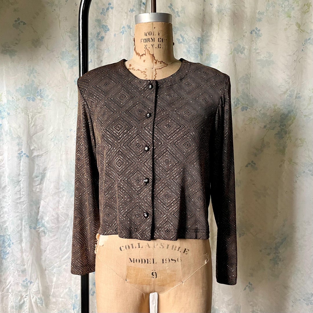 90s Slinky Black & Gold Glitter Cardigan Large / Vintage Disco Metallic ...