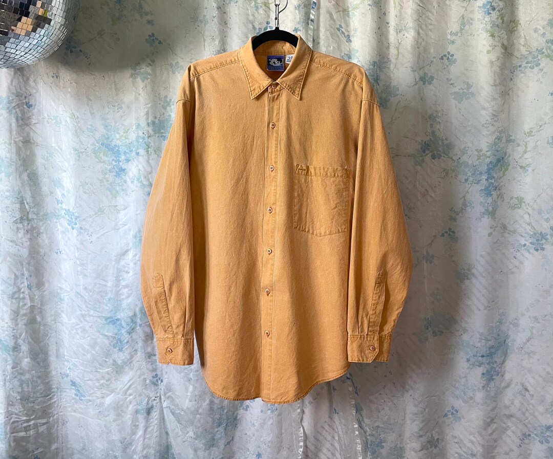 1990s Tan Button up Shirt / Vintage Cotton Long Sleeve Button up With ...