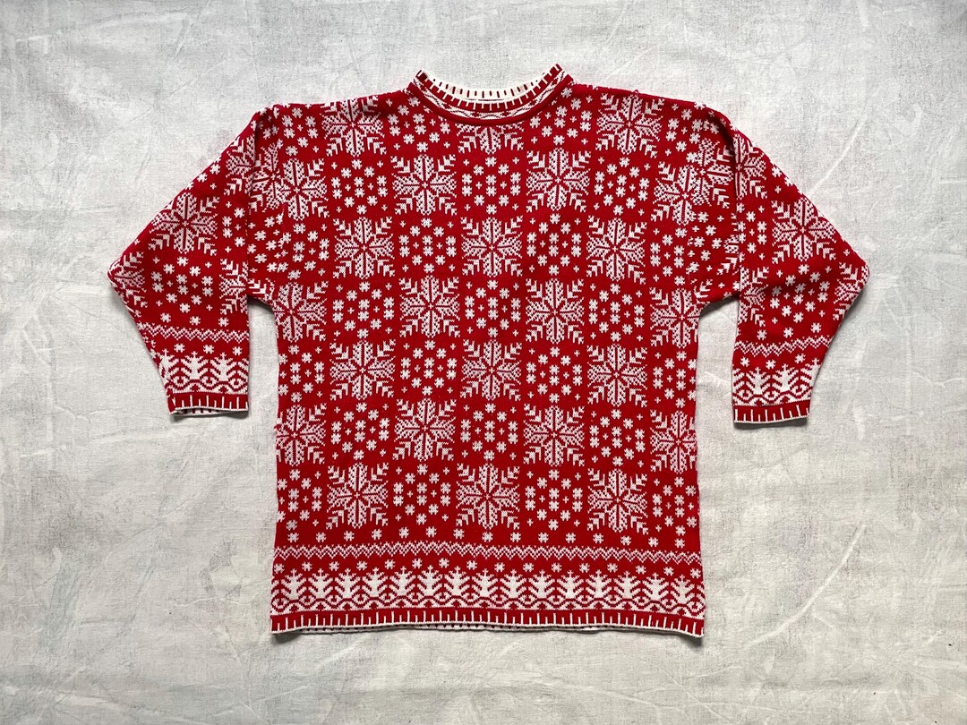 80s Red & White Snowflake Sweater Plus Size / Vintage Holiday Fair Isle ...