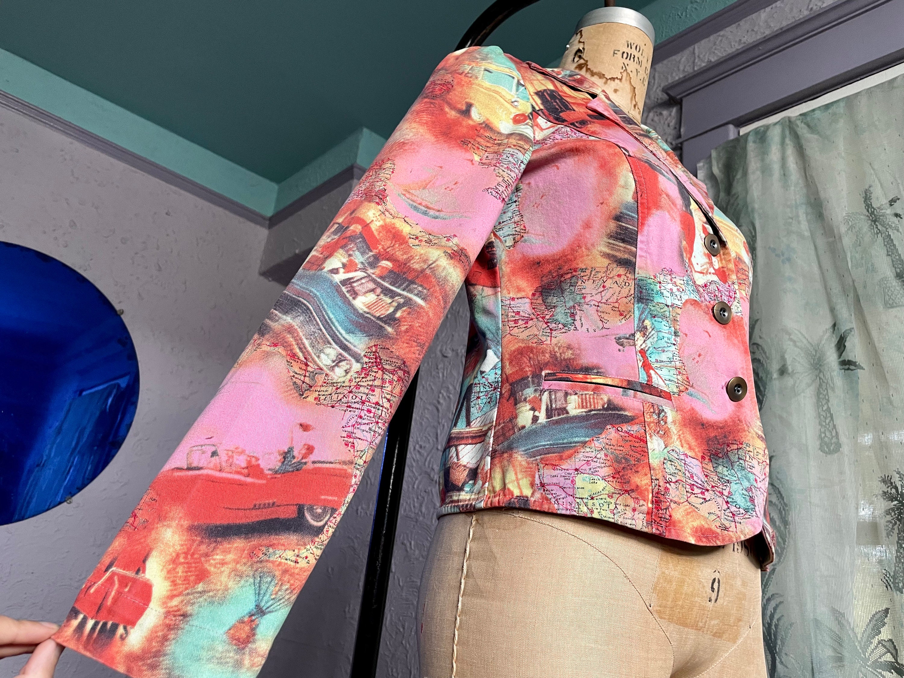 Y2k Pink Fitted Jacket With Travel Map Novelty Print / Vintage Colorful ...