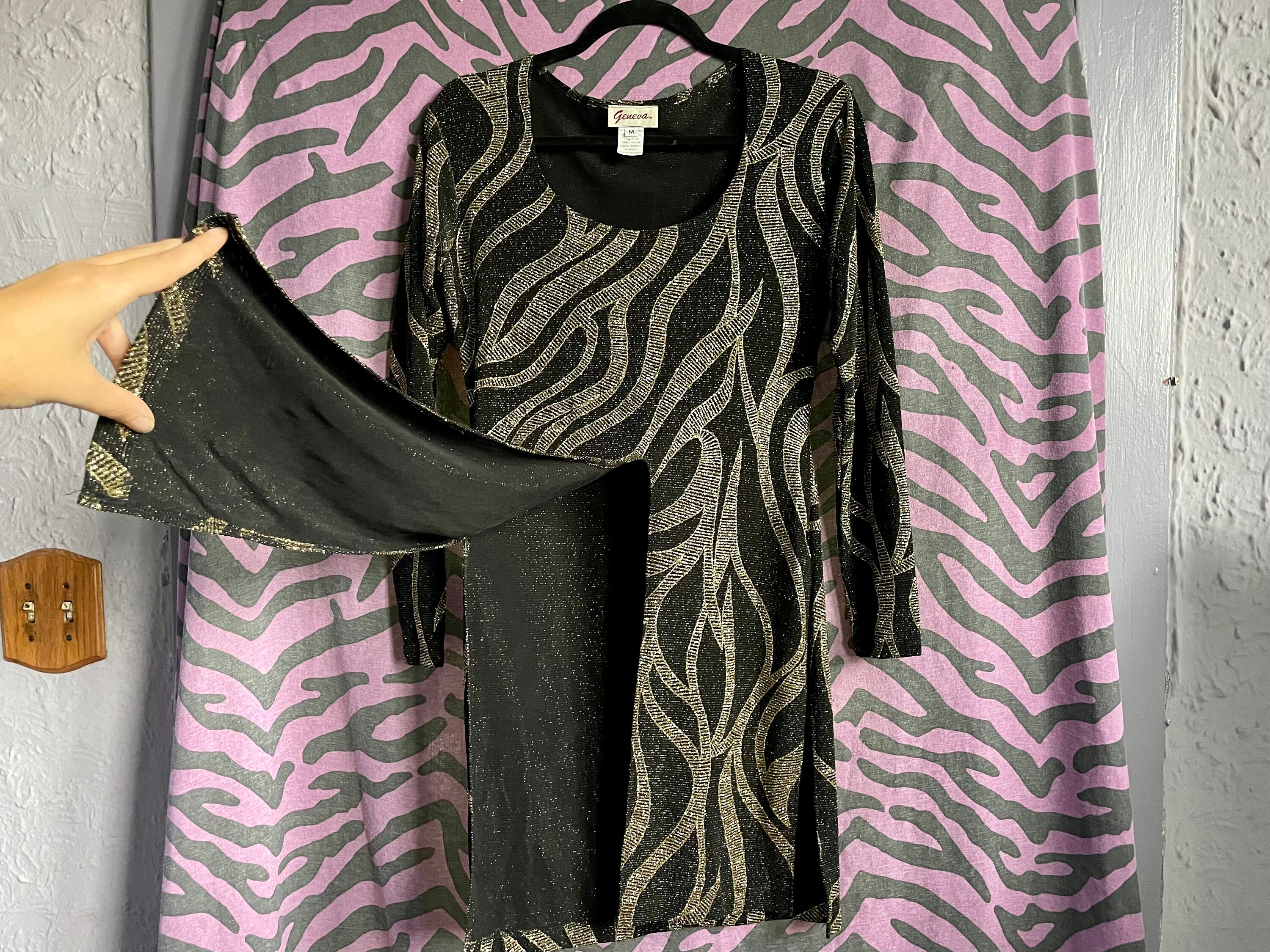 70s Disco Sparkly Bodycon Top / Vintage Black & Gold Long Sleeve ...