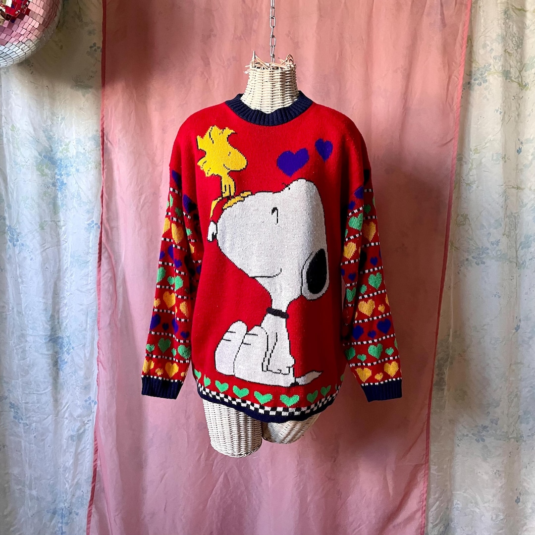 Vintage Snoopy Sweater W/ Colorful Hearts Medium / 80s Cartoon Dog Pullover / 90s Charlie Brown ...