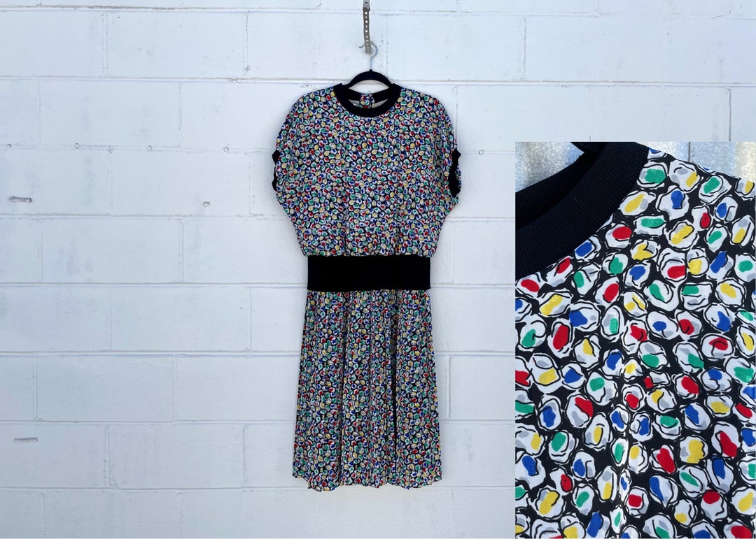 80s Vintage Abstract Print Dress / 1980s Office Dress / Drop Shoulder ...