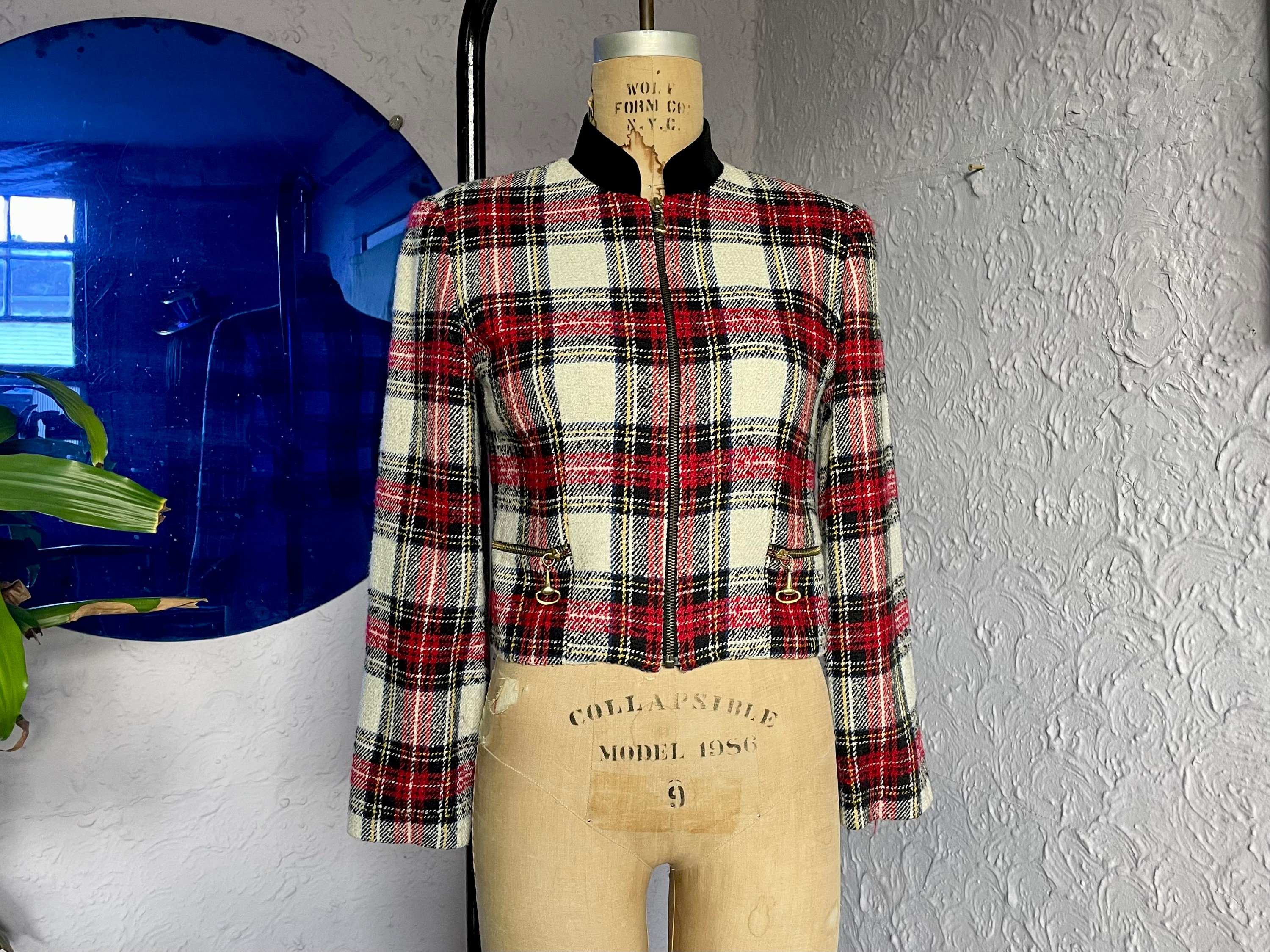 90s Plaid Cropped Jacket With Velvet Collar / Tailored Vintage Boucle ...