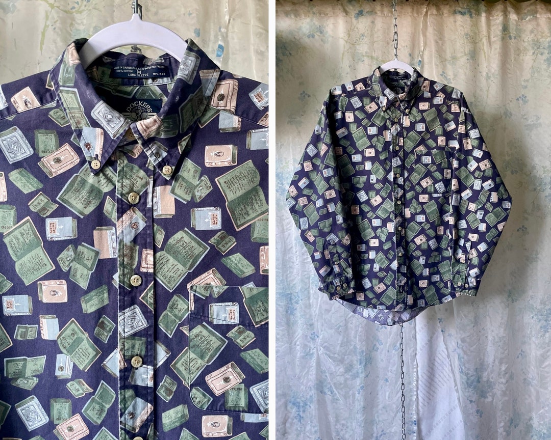 90s Books AOP Cotton Button Down / 1990s Preppy Baggy Novelty Print ...