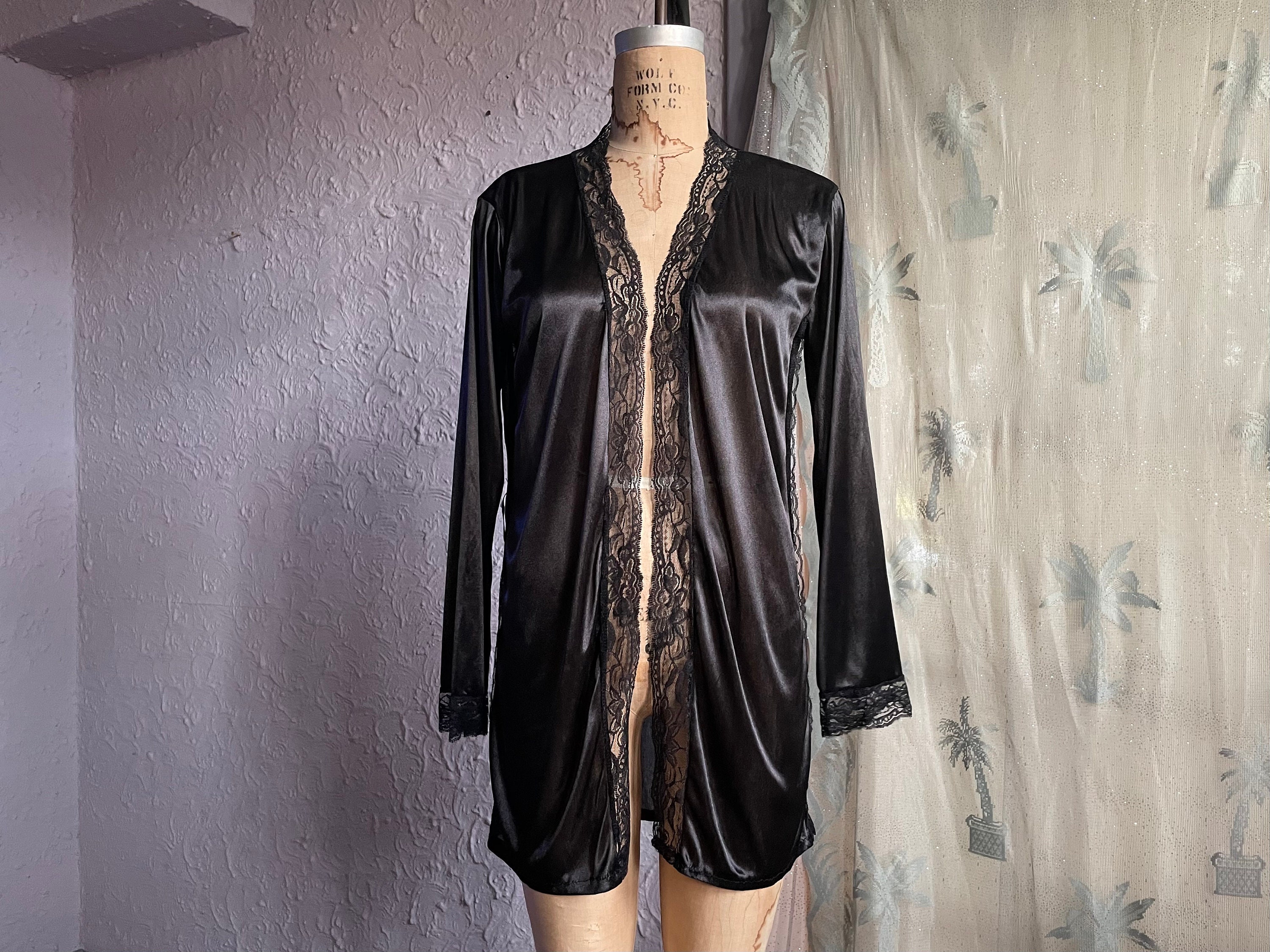 Short Black Silky Duster With Lace Trim / Vintage Black Lace Robe / 90s ...