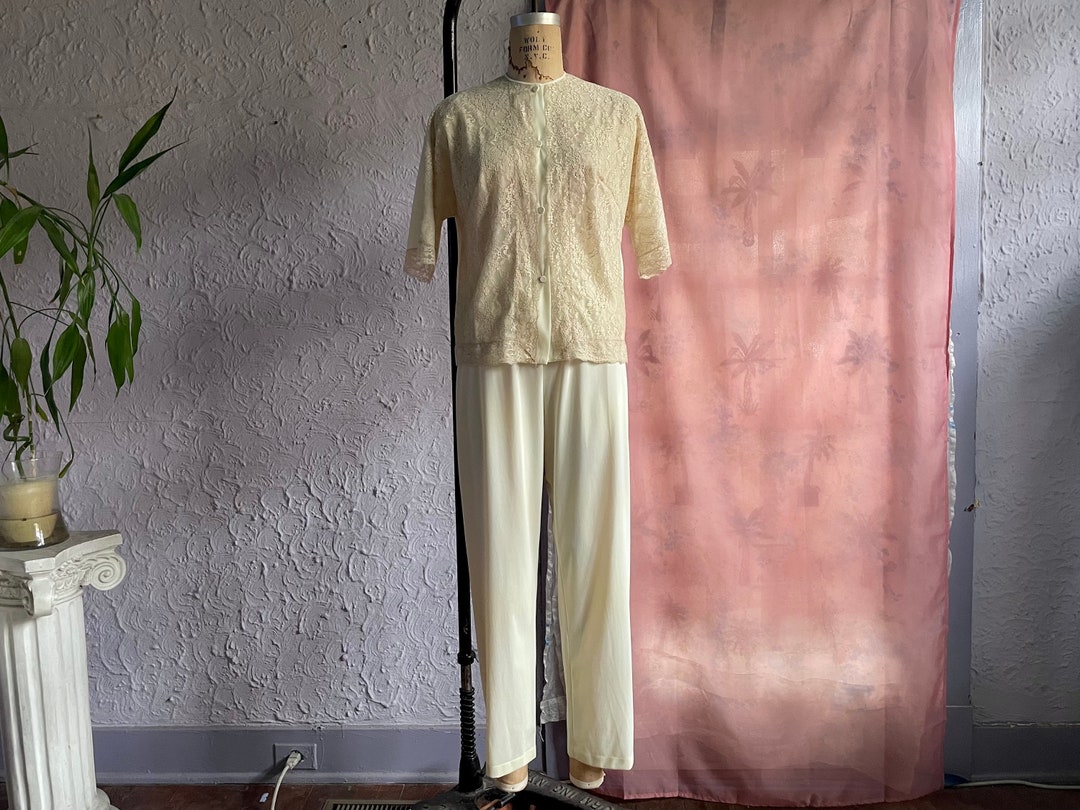 Vintage Vanity Fair Lace Pajamas / 60s Cream Nylon Pjs Set / 1960s Semi Sheer Sleepwear Matching ...