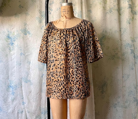 vintage leopard print disco top L / 1970s cheetah pri… - Gem