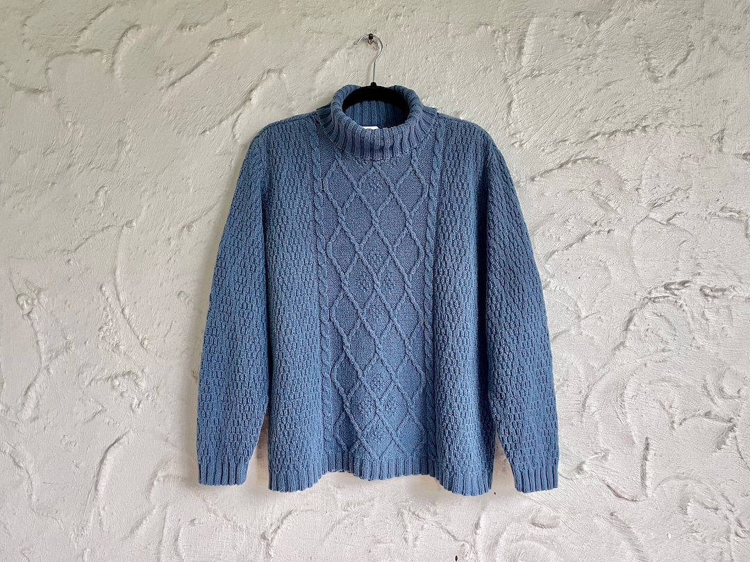 90s Chunky Cable Knit Turtleneck Sweater / 1990s Blue Fisherman Sweater ...