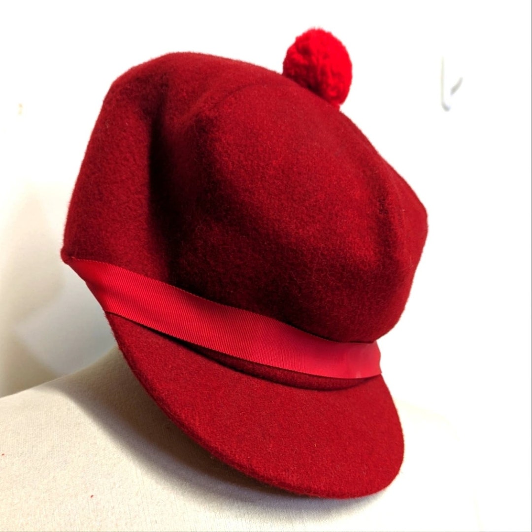 Vintage Tall Red Felt Hat With Brim and Pom Pom Quilted Lining Mod ...