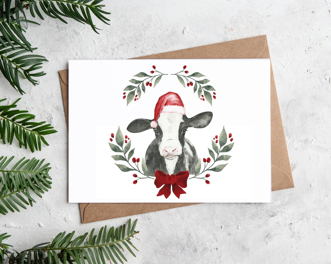 Cow Christmas Card Cow With Santa Hat Cute Cow Card Watercolor Cow Card ...