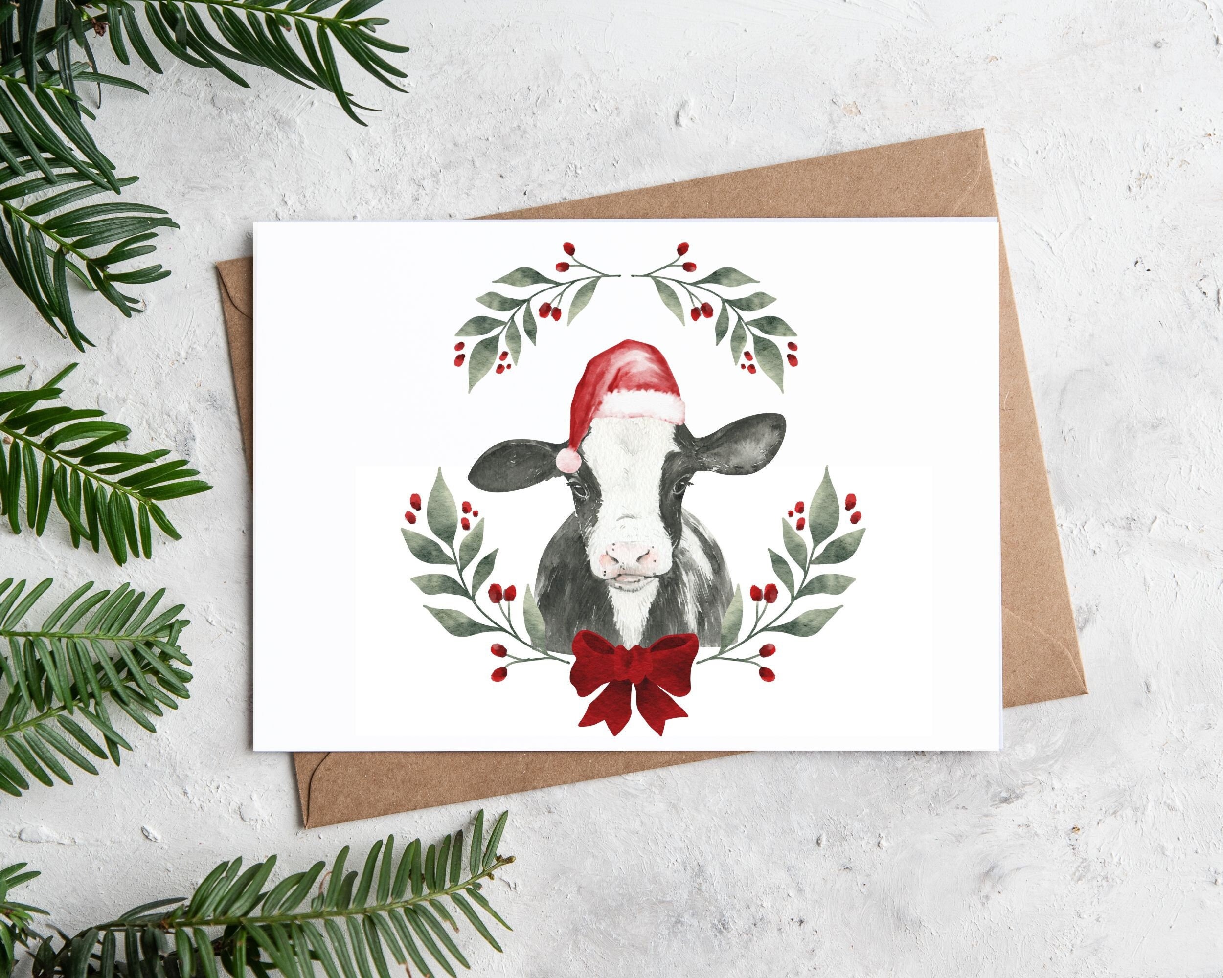 Cow Christmas Card Cow With Santa Hat Cute Cow Card Watercolor Cow Card ...