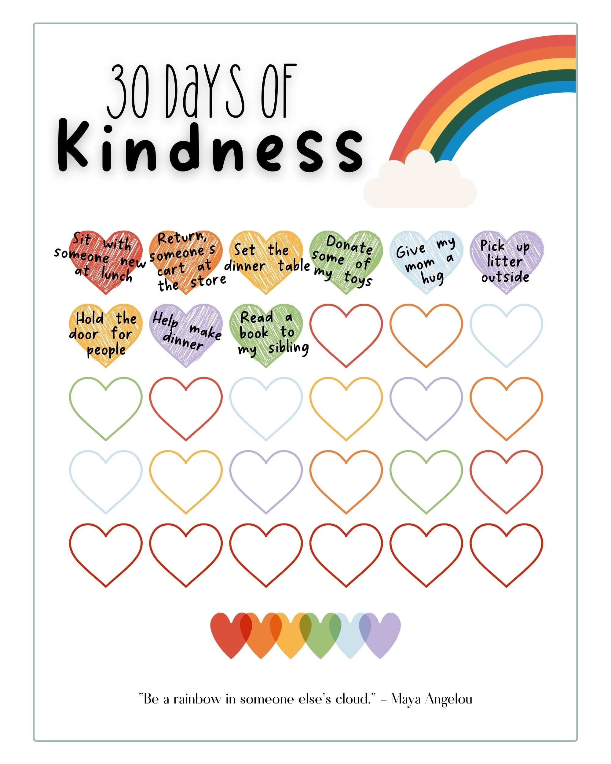 30 Day of Kindness Goal Tracker for Kids Habit Tracker Sheets 30-day ...