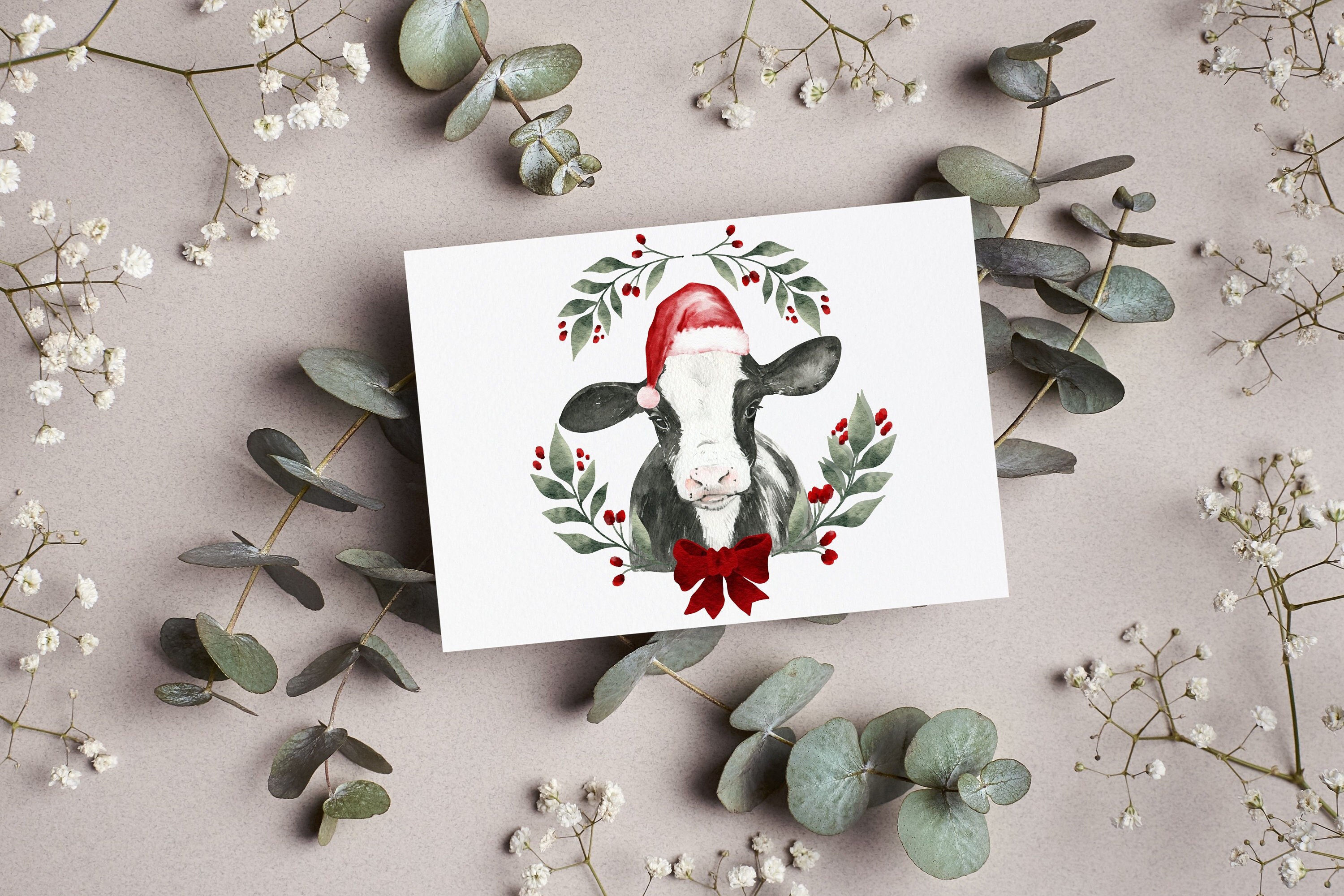 Cow Christmas Card Cow With Santa Hat Cute Cow Card Watercolor Cow Card ...