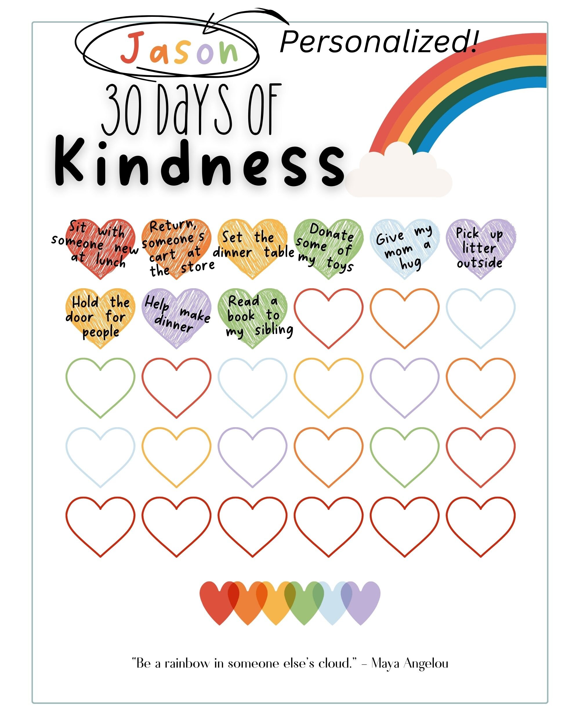 30 Day of Kindness Goal Tracker for Kids Habit Tracker Sheets 30-day ...