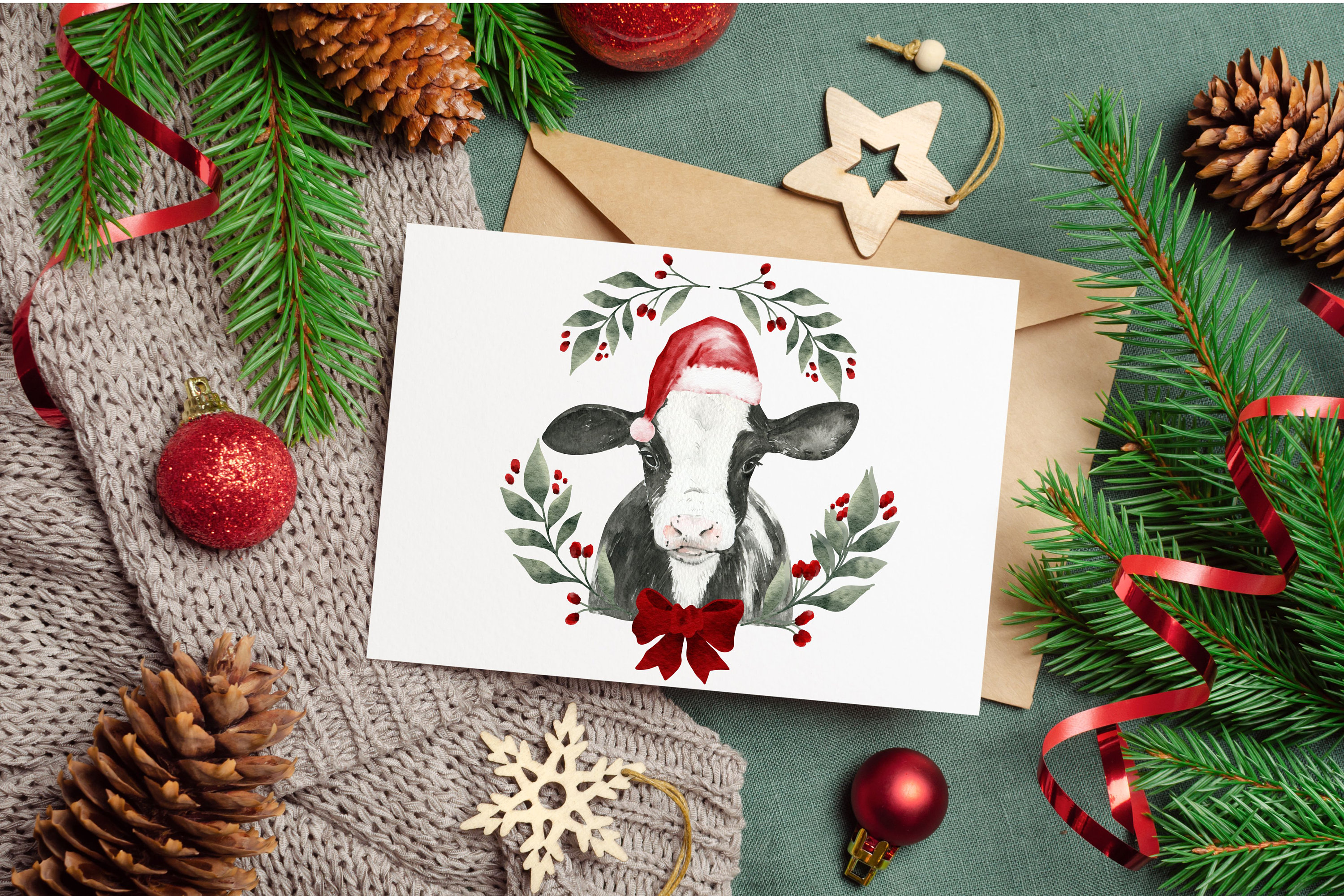 Cow Christmas Card Cow With Santa Hat Cute Cow Card Watercolor Cow Card ...