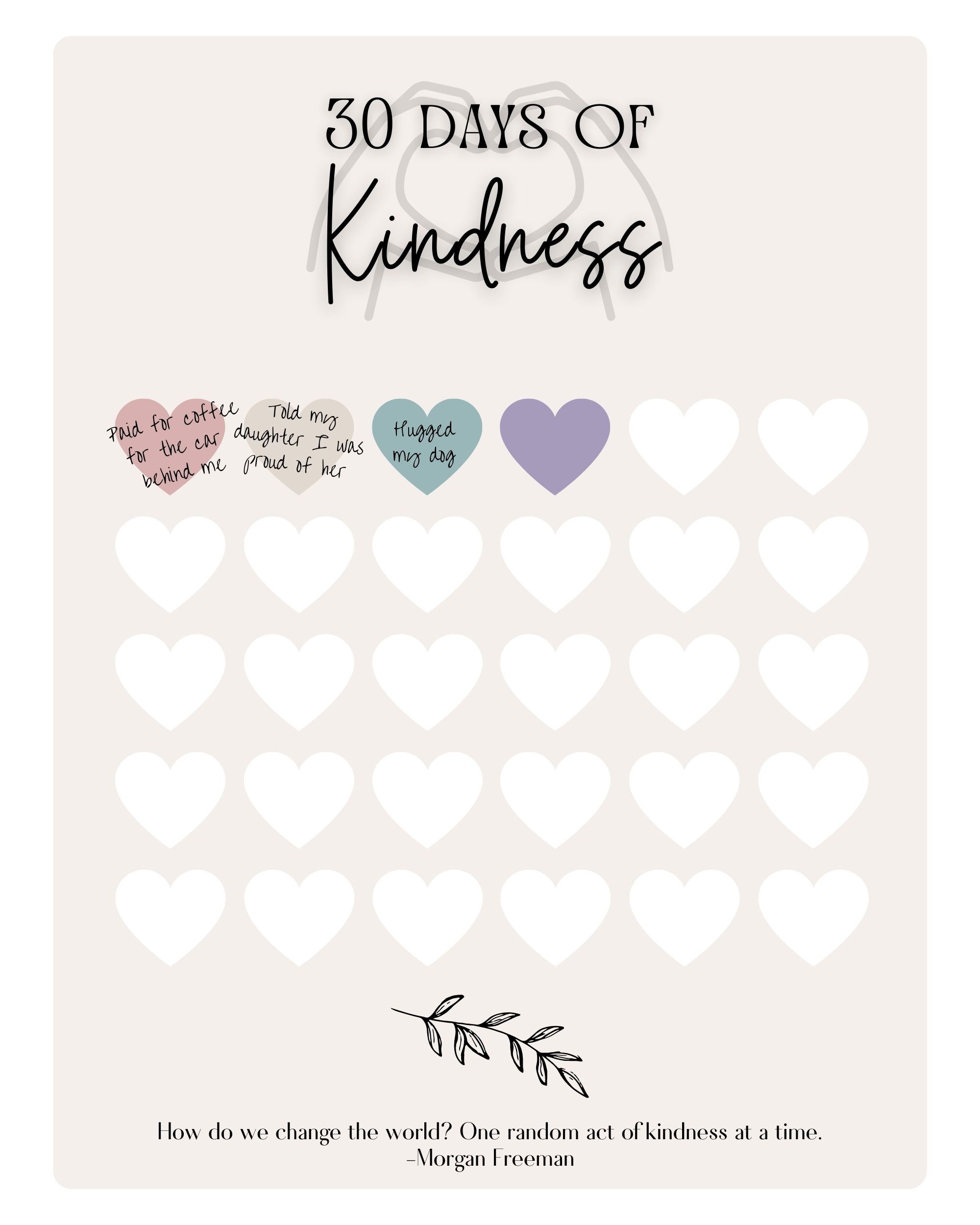 30 Day of Kindness Habit Tracker Sheets 30-day Challenge 30 Day Habit ...