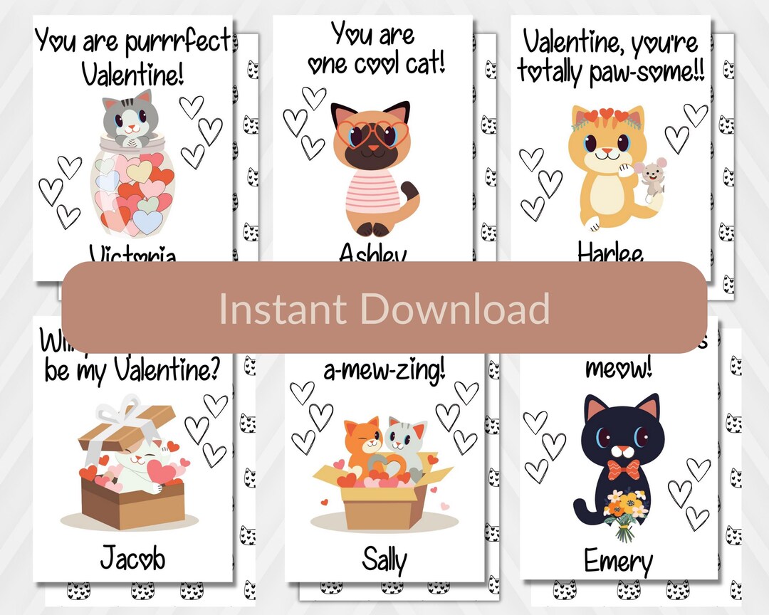Printable| Cat Valentines Day Cards| Kids Valentines Cards for School ...