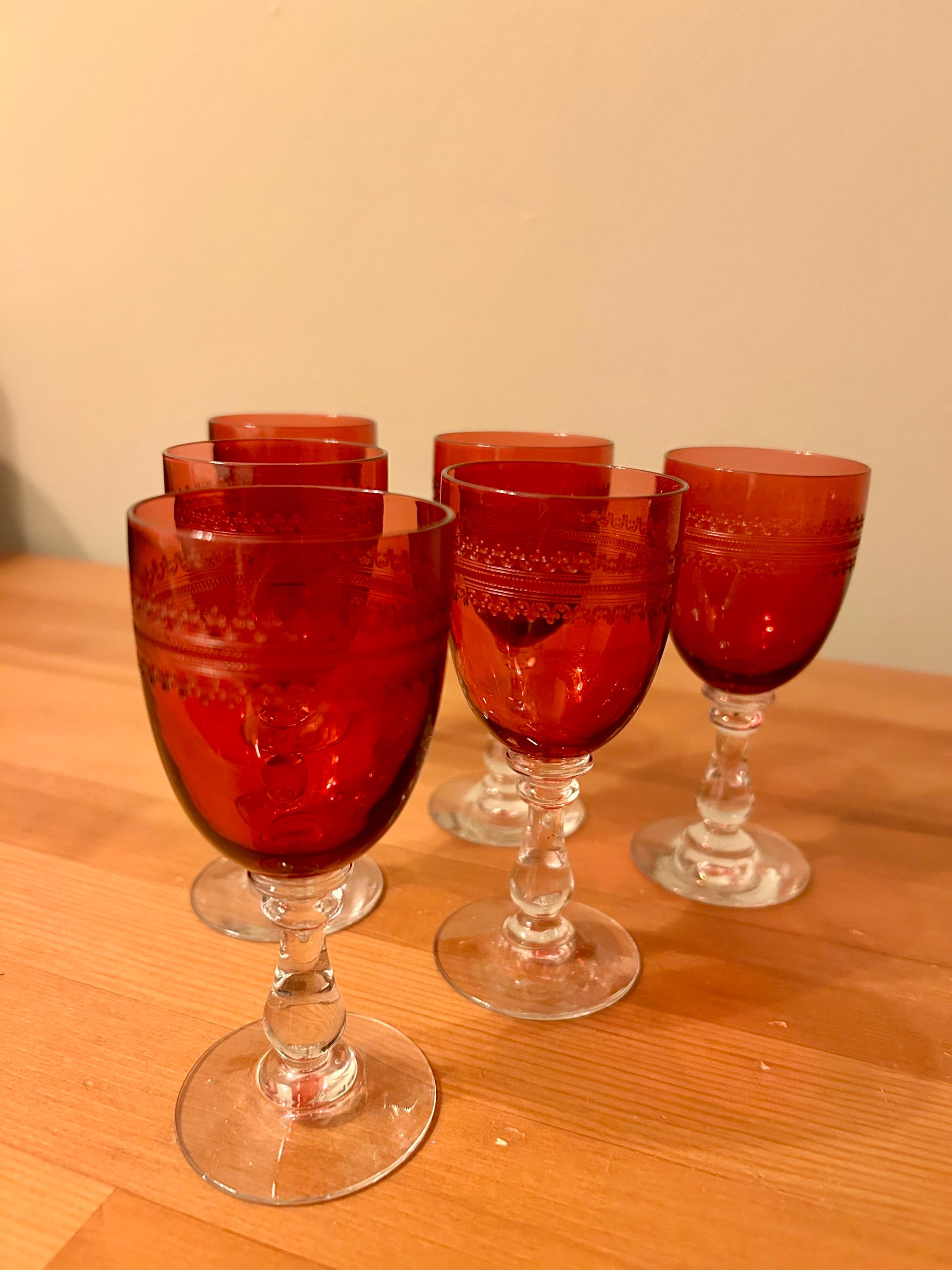 Victorian Antique Ruby Glass Goblets (set of 6) Cranberry Acid Etched ...