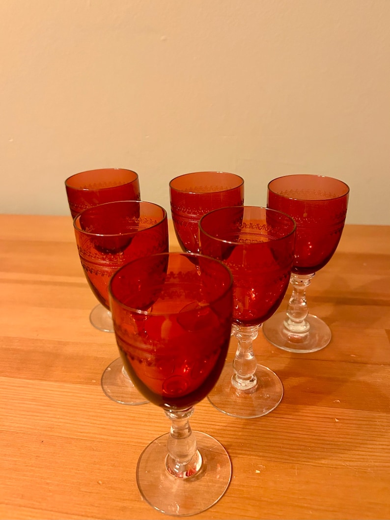 Victorian Antique Ruby Glass Goblets (set of 6) Cranberry Acid Etched ...