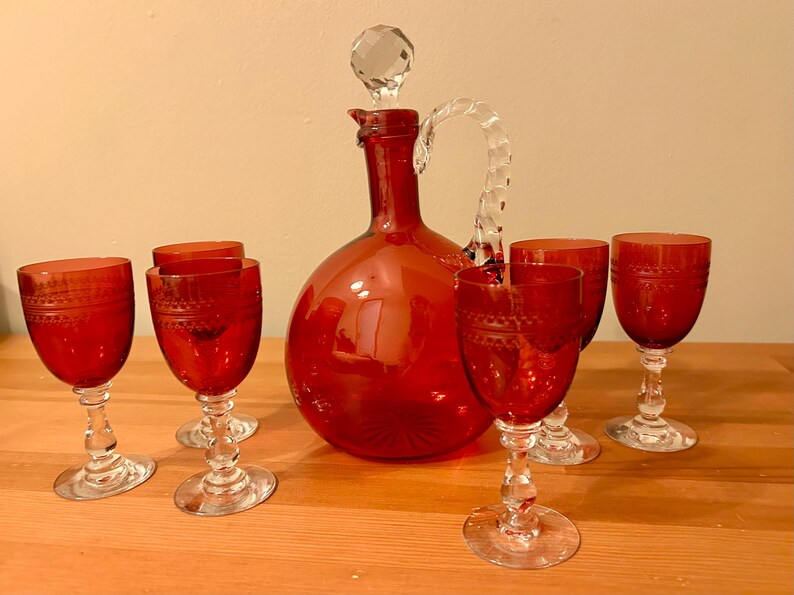 Victorian Antique Ruby Glass Goblets (set of 6) Cranberry Acid Etched ...