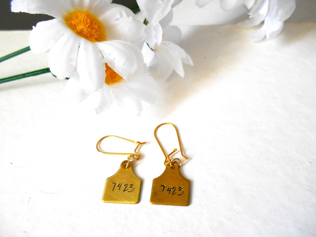 Gold Cow Ear Tag Earrings: Hand Stamped Brass Dangles - Etsy