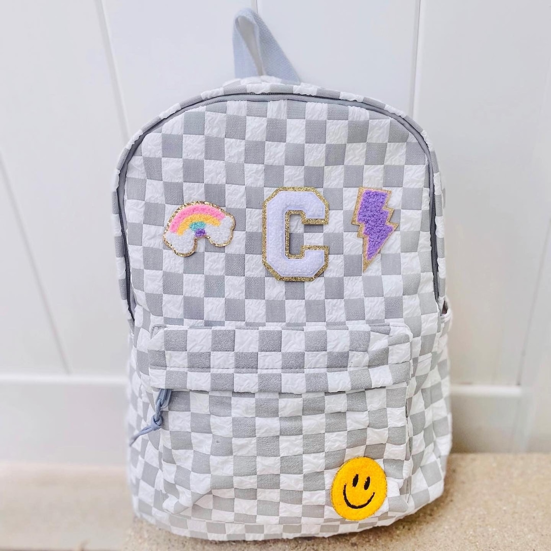 Checkered Backpack, Girls Backpack With Patches, Custom Letter Patch ...