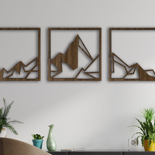 Geometric Mountain Wood Wall Art Decor 3 Piece Mountain - Etsy