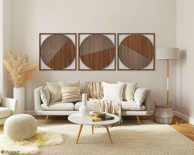 Round Wood Wall Art Set of 3, Modern Geometric Wooden Wall Art, Clean ...