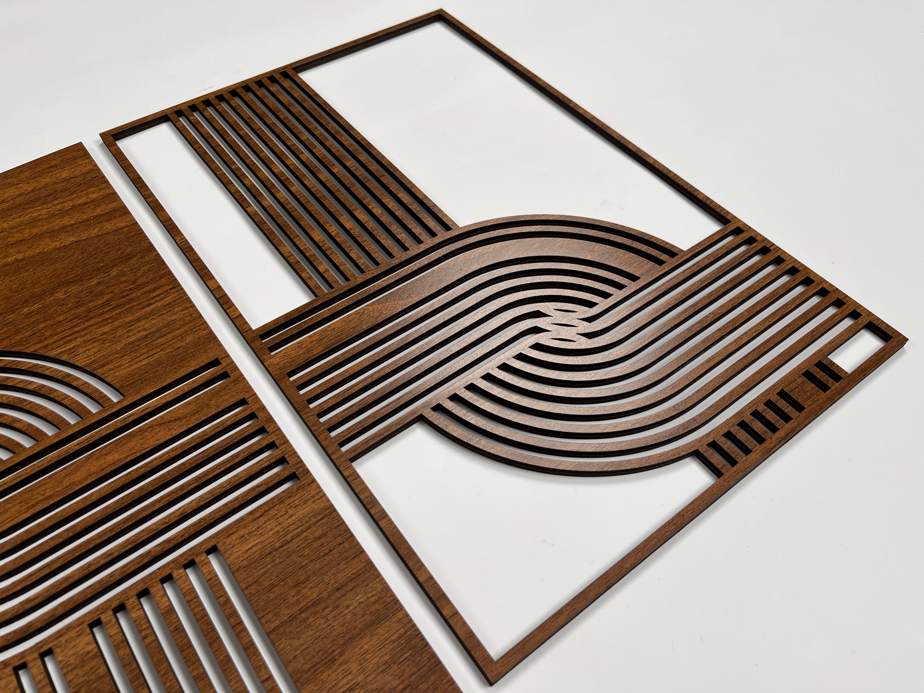 Mid-century Modern Wooden Triptych Set, Abstract Curved Line Wood Wall ...