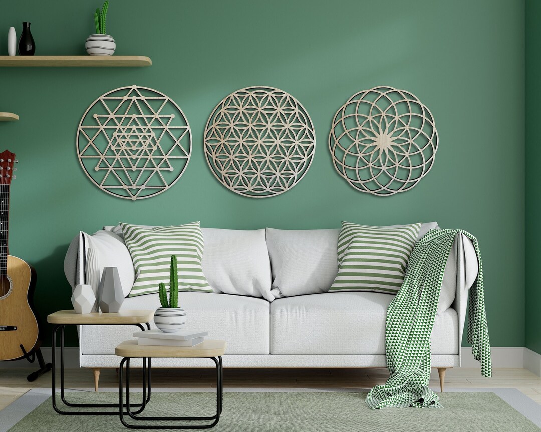 Sacred Geometry Wood Wall Art Decor, 3 Piece Geometric Mandala Wall ...